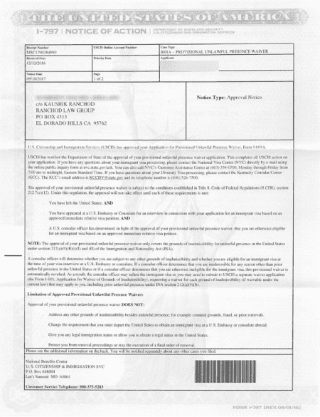 I-601a Waiver Approval Document and Success Story | Ranchod Law Group ...