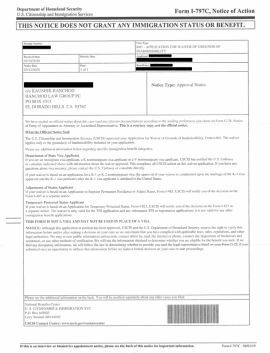 Approved I601, I601A, I612, J1 Waivers